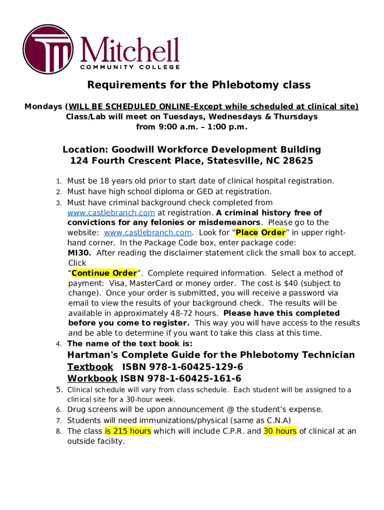 Requirements for the Phlebotomy class Doc Template | pdfFiller