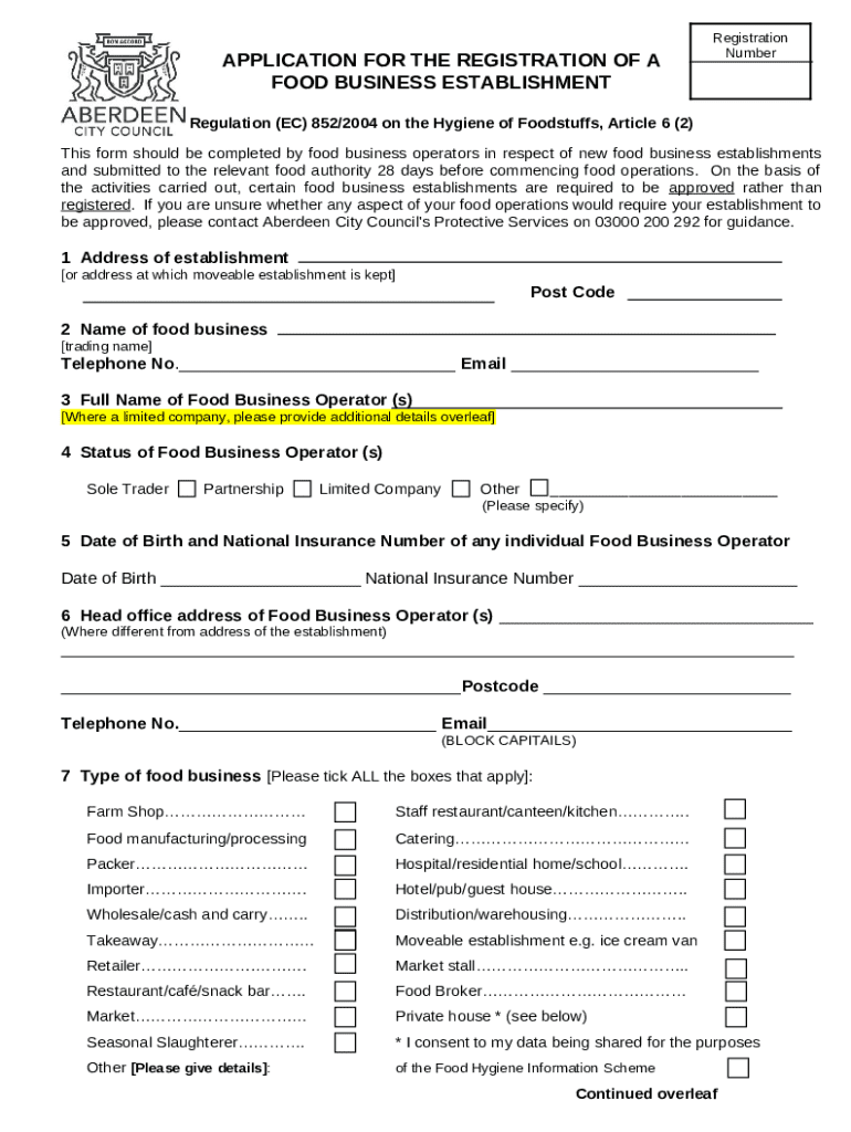 Food Business Registration Instructions Doc Template | pdfFiller