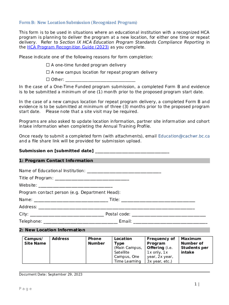 B: New Location Submission (Recognized Program) Doc Template | pdfFiller