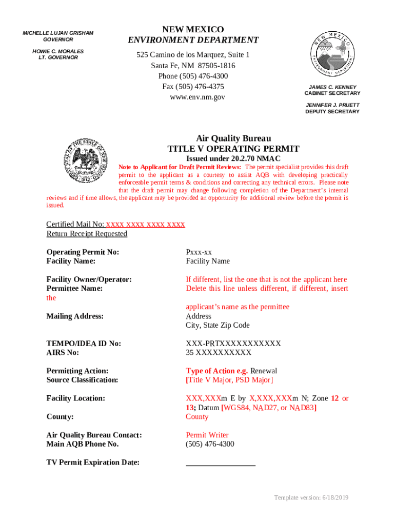 Air Quality Bureau DRAFT TITLE V OPERATING PERMIT Doc Template | pdfFiller