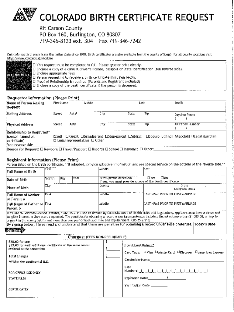 Fillable Online colorado birth certificate request - Kit Carson County ...