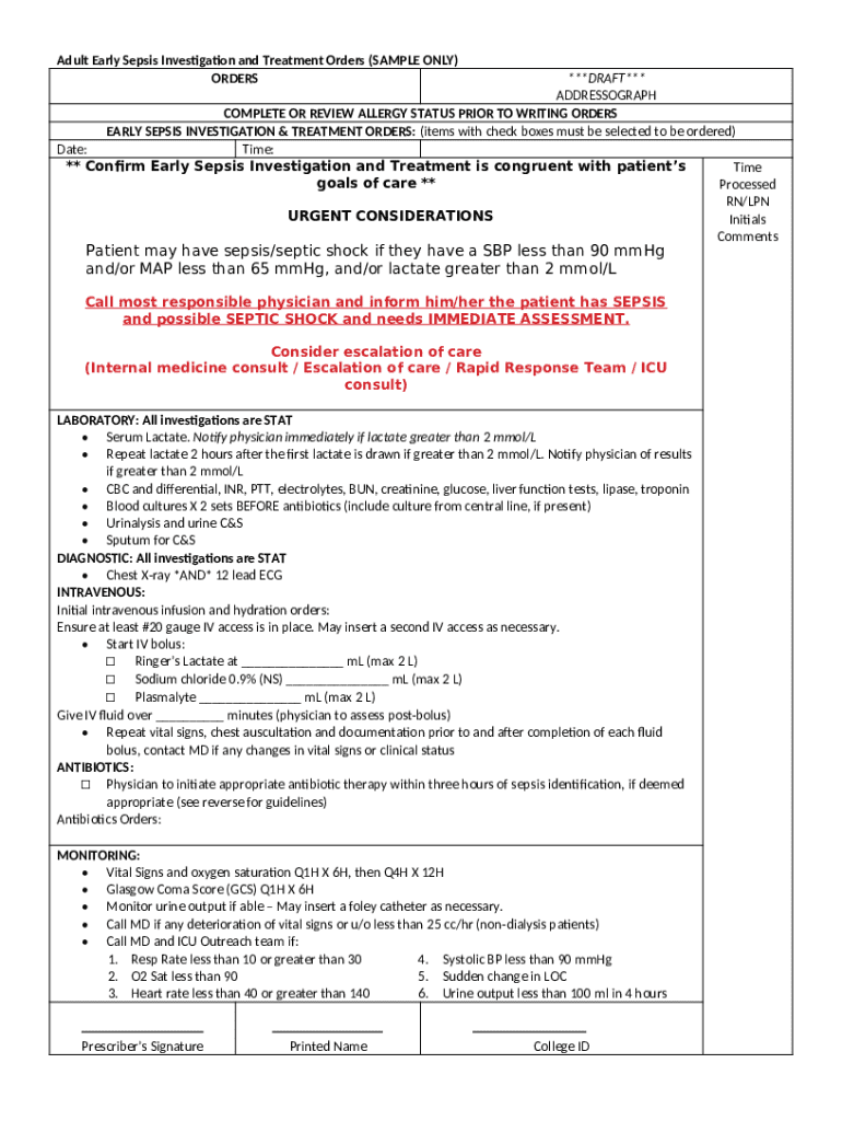 Adult Early Sepsis Investigation and Treatment Orders (SAMPLE ... Doc ...