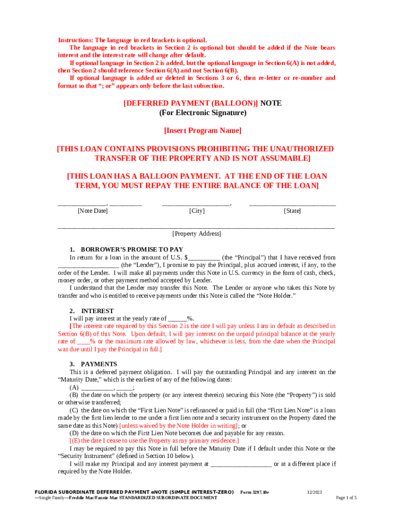 Florida Subordinate Deferred Payment eNote docx Doc Template | pdfFiller