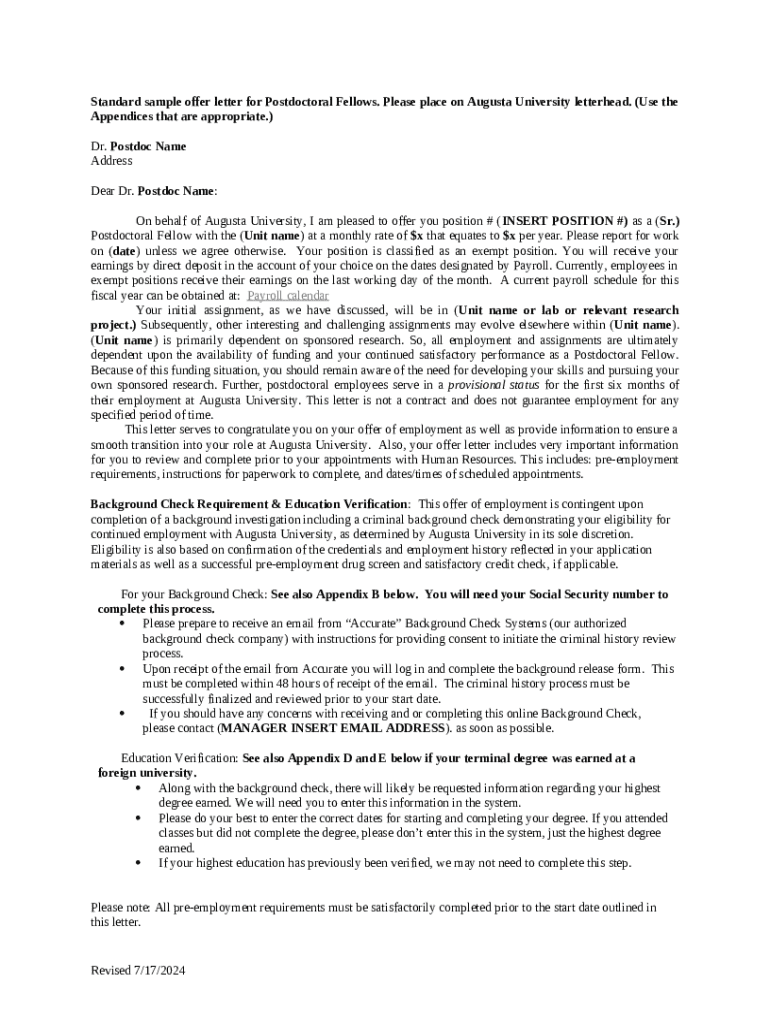Postdoc Letter of Offer Continuation Template Doc Template | pdfFiller