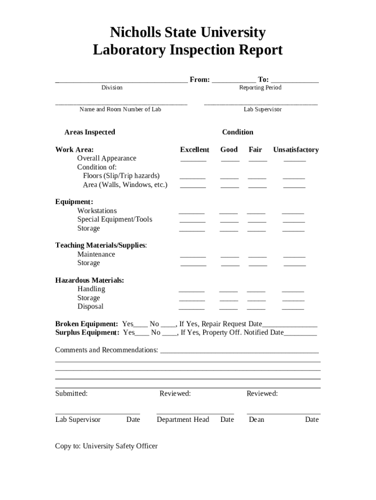 Nicholls State University Laboratory Inspection Report Doc Template ...
