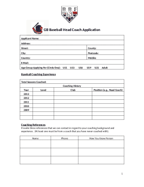 GB Baseball Head Coach Application Doc Template | pdfFiller