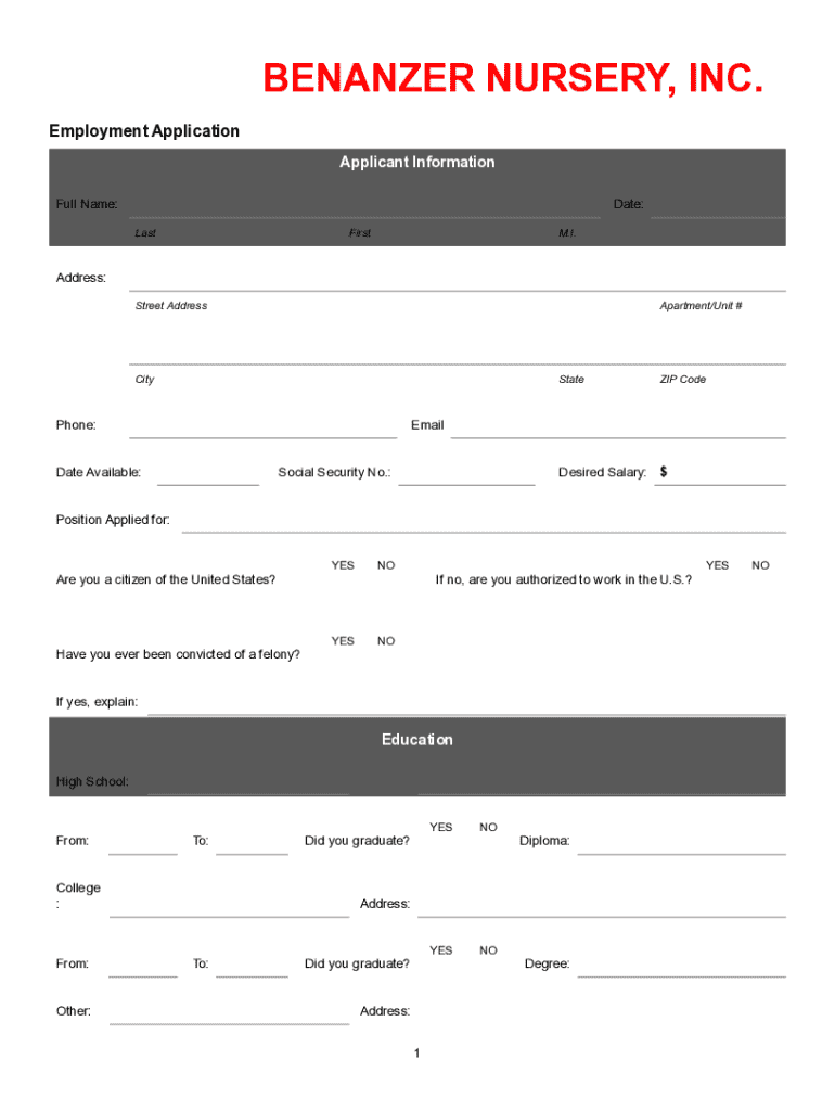 Fillable Online BENANZER NURSERY, INC Fax Email Print - pdfFiller
