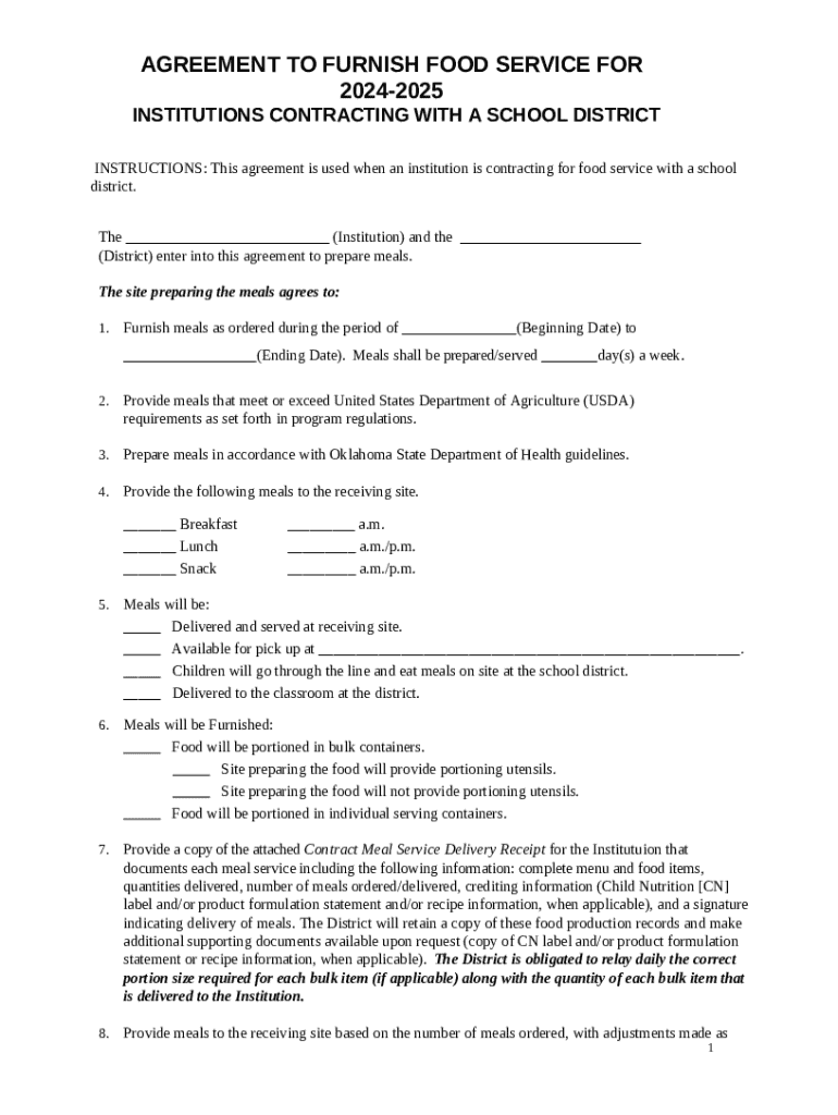 AGREEMENT TO FURNISH FOOD SERVICE FOR 2024-2025 Doc Template | pdfFiller