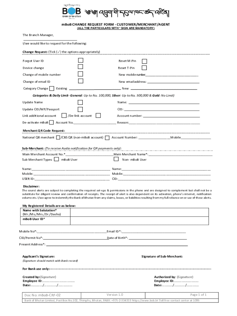 Fillable Online mBoB CHANGE REQUEST FORM - CUSTOMER/MERCHANT ... Fax Email Print - pdfFiller