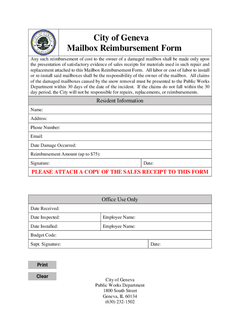 Fillable Online City of Geneva Mailbox Reimbursement Form Fax Email ...