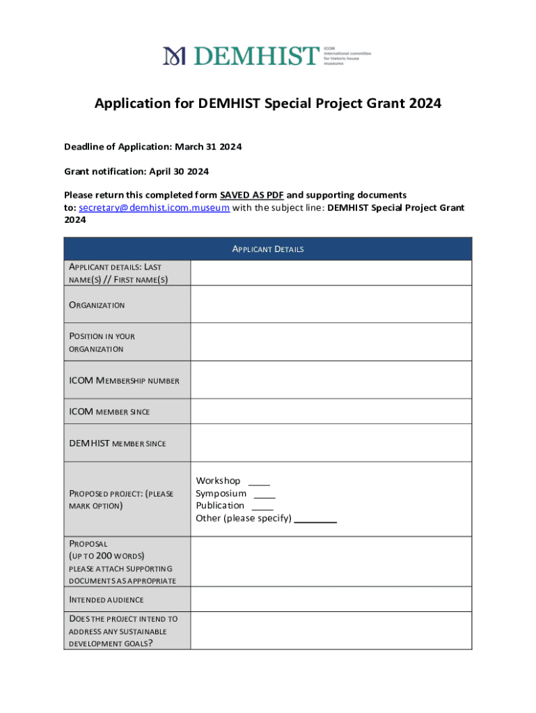Fillable Online DEMHIST Special Projects Grant Fax Email Print - pdfFiller