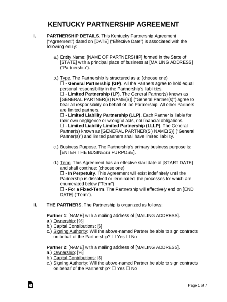 Kentucky Partnership Agreement Template. es.com Doc Template | pdfFiller