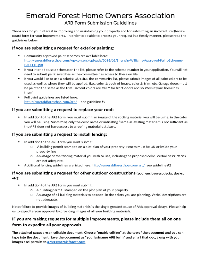 Emerald Forest ARB Doc Template | pdfFiller
