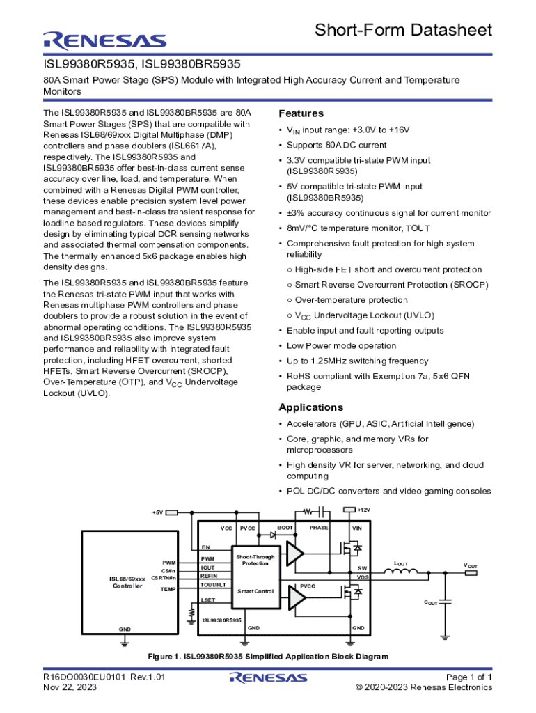 Fillable Online ISL99380R5935, ISL99380BR5935 Short-Form Datasheet. 80A Smart Power Stage (SPS ...