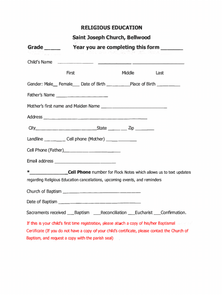 Fillable Online St. Joseph Church Religious Education Registration Form ...