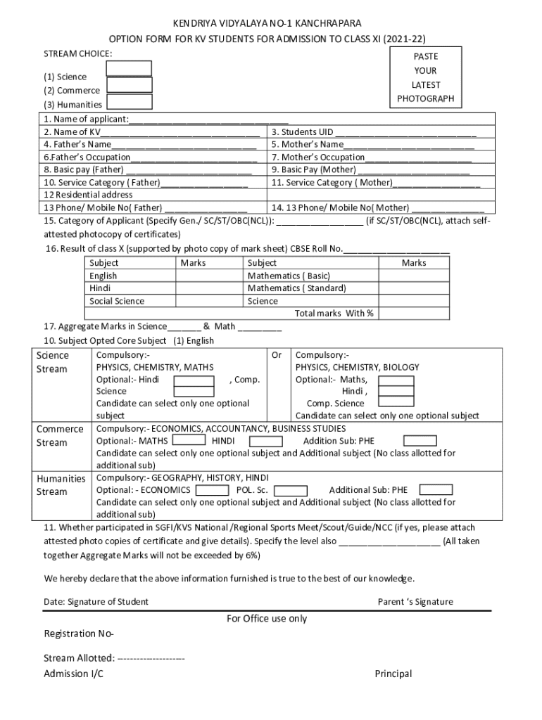 Fillable Online kendriya vidyalaya no-1 kanchrapara option form for kv ...