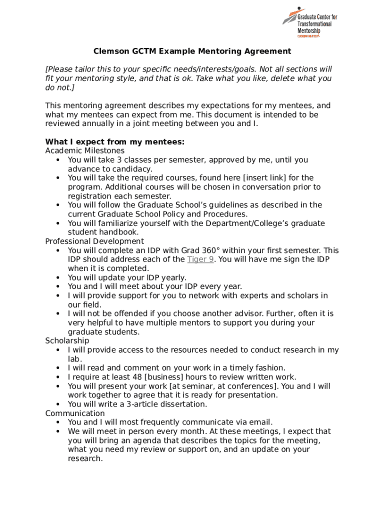Clemson Sample Graduate Mentoring Plan - media clemson Doc Template ...
