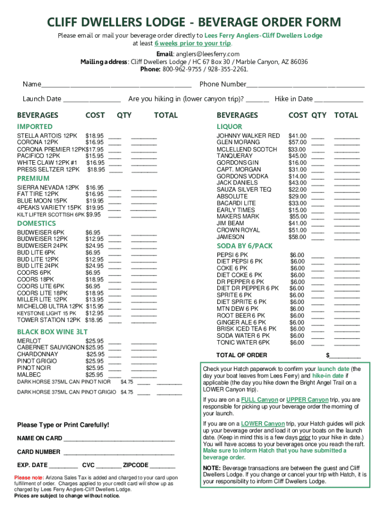 CLIFF DWELLERS LODGE - BEVERAGE ORDER FORM CLIFF DWELLERS LODGE ...