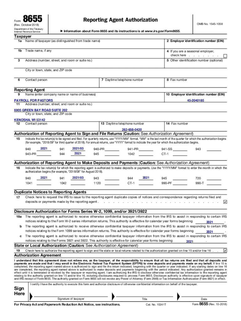 Fillable Online 8655 Federal Reporting Agent Authorization Form Fax ...