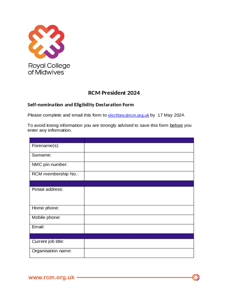 Self nomination/eligibility declaration - RCM Doc Template | pdfFiller