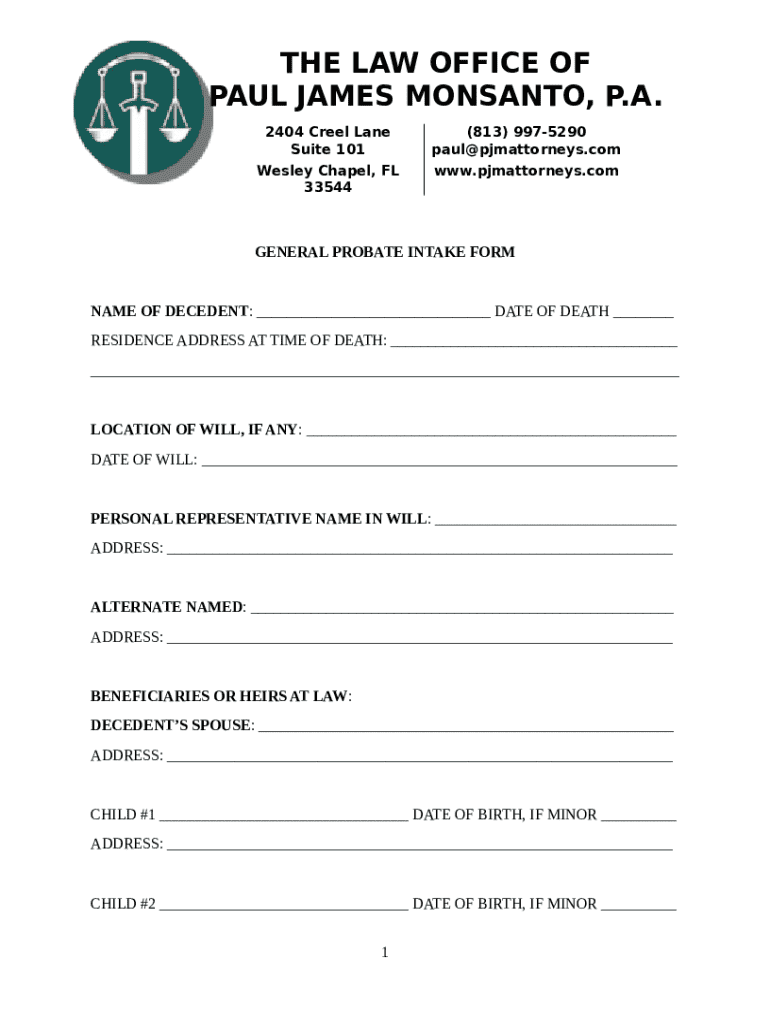 PROBATE INTAKE QUESTIONNAIRE Doc Template | pdfFiller