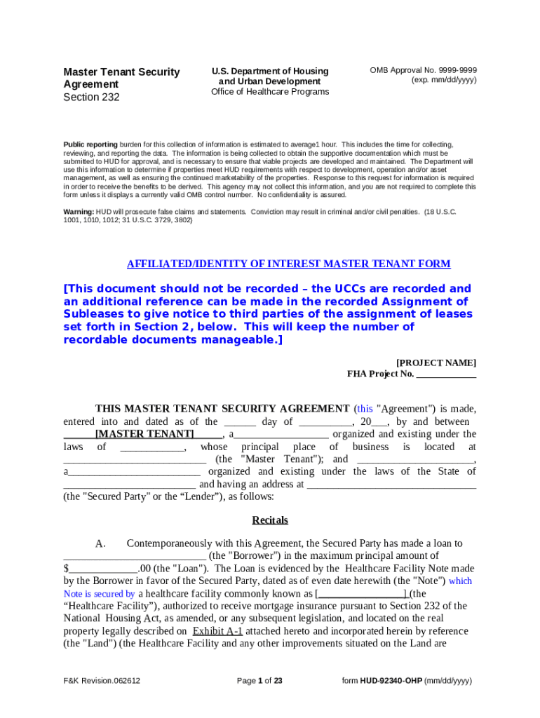Master Tenant Security Agreement Section 232 - HUD Doc Template | pdfFiller