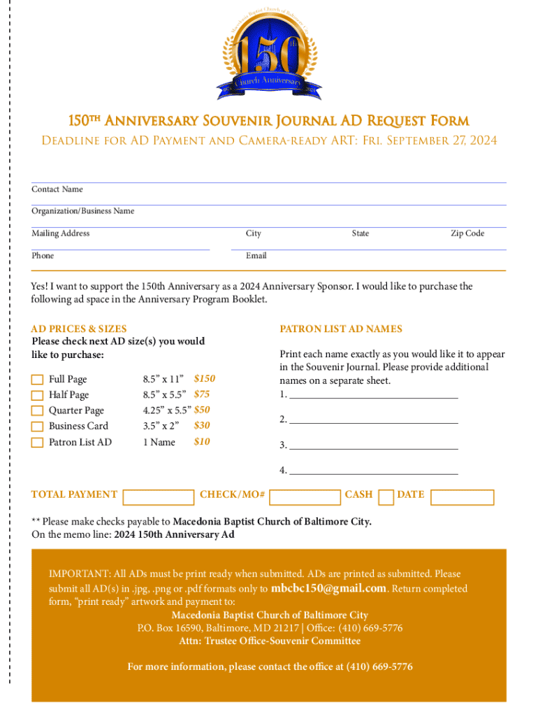 Fillable Online 150th Anniversary Souvenir Journal AD Request Form Fax ...