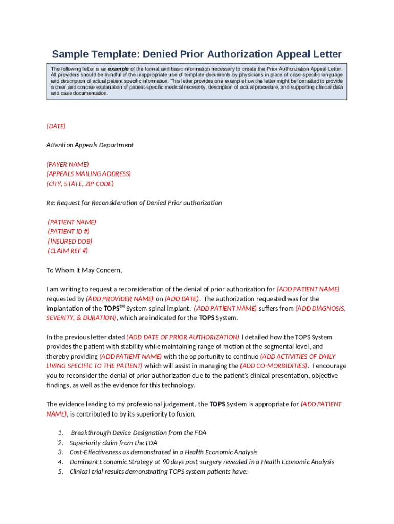 Sample Template: Denied Prior Authorization Appeal Letter Doc Template ...