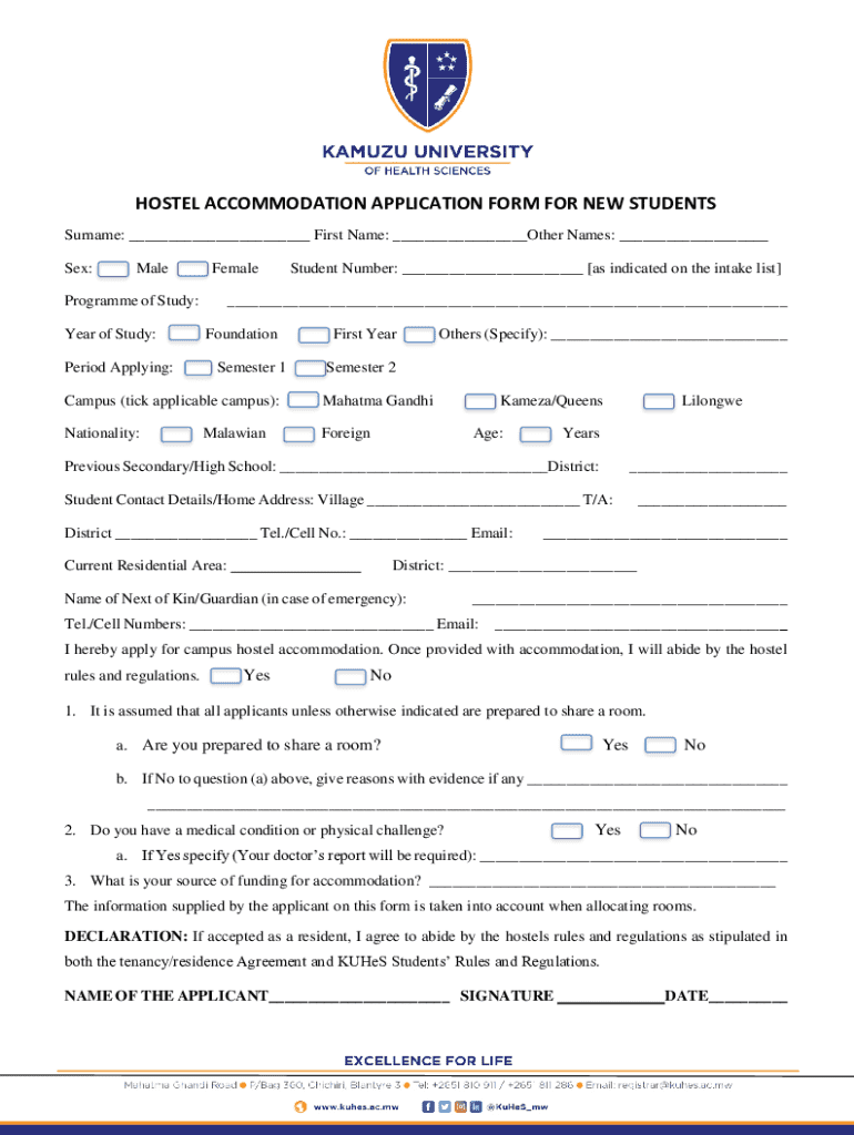 Fillable Online Page 1 of 2 HOSTEL ACCOMMODATION APPLICATION FORM ...
