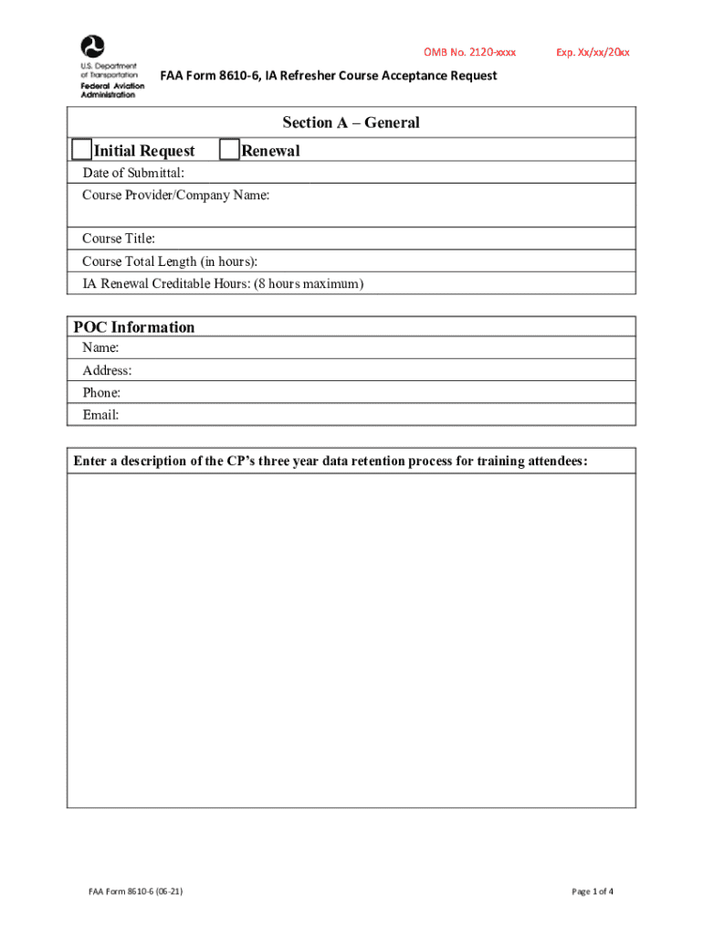 Fillable Online Form FAA 8610-6 - Inspection Authorization Refresher Course ... Fax Email Print ...