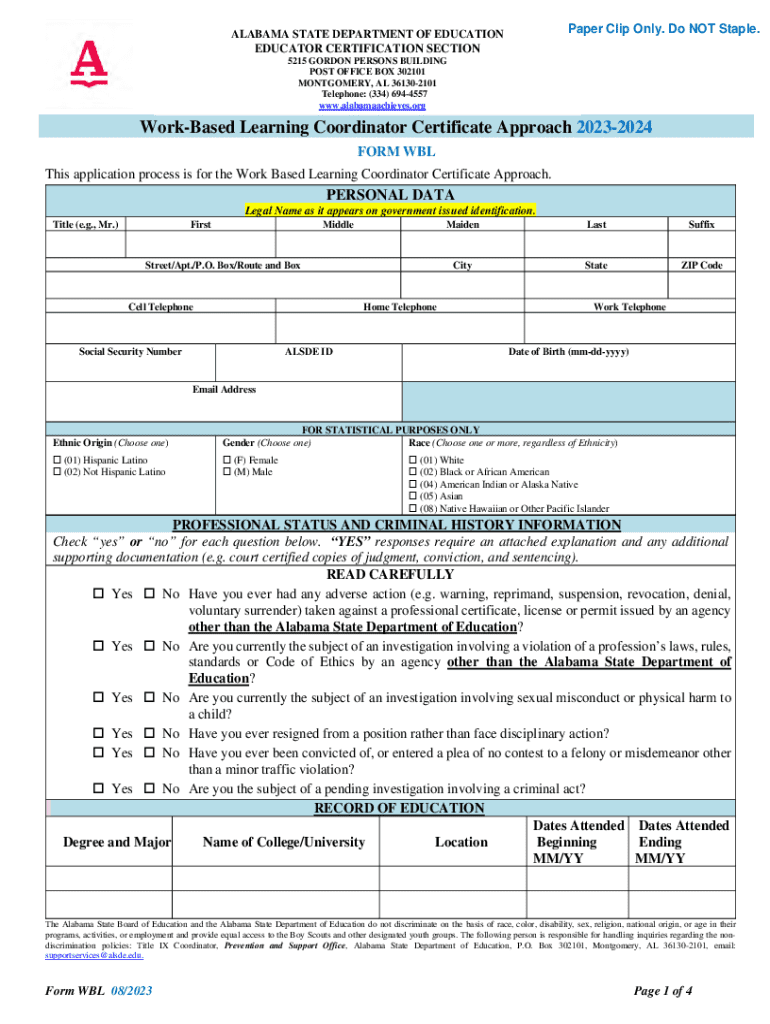 Fillable Online Work-Based Learning Form WLB 2023. Work-Based Learning ...