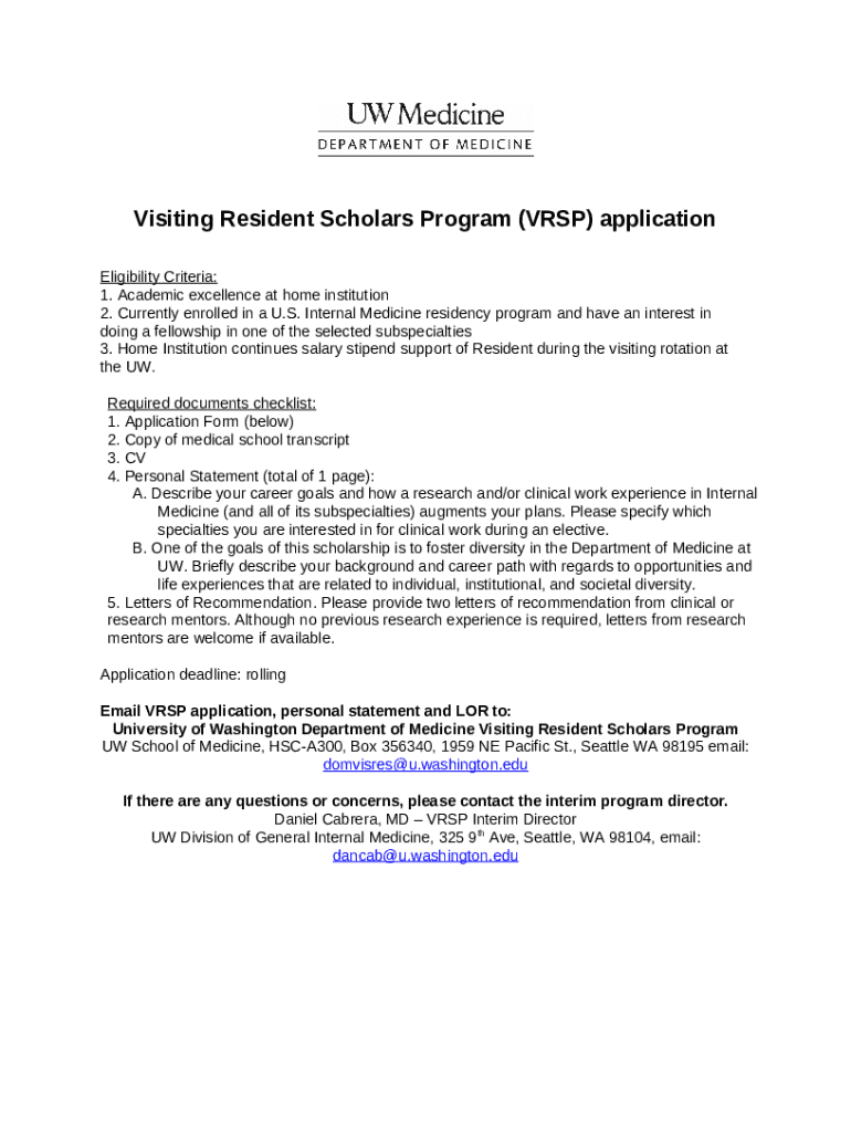 Visiting Resident Scholars Program (VRSP) application - medicine uw Doc Template | pdfFiller