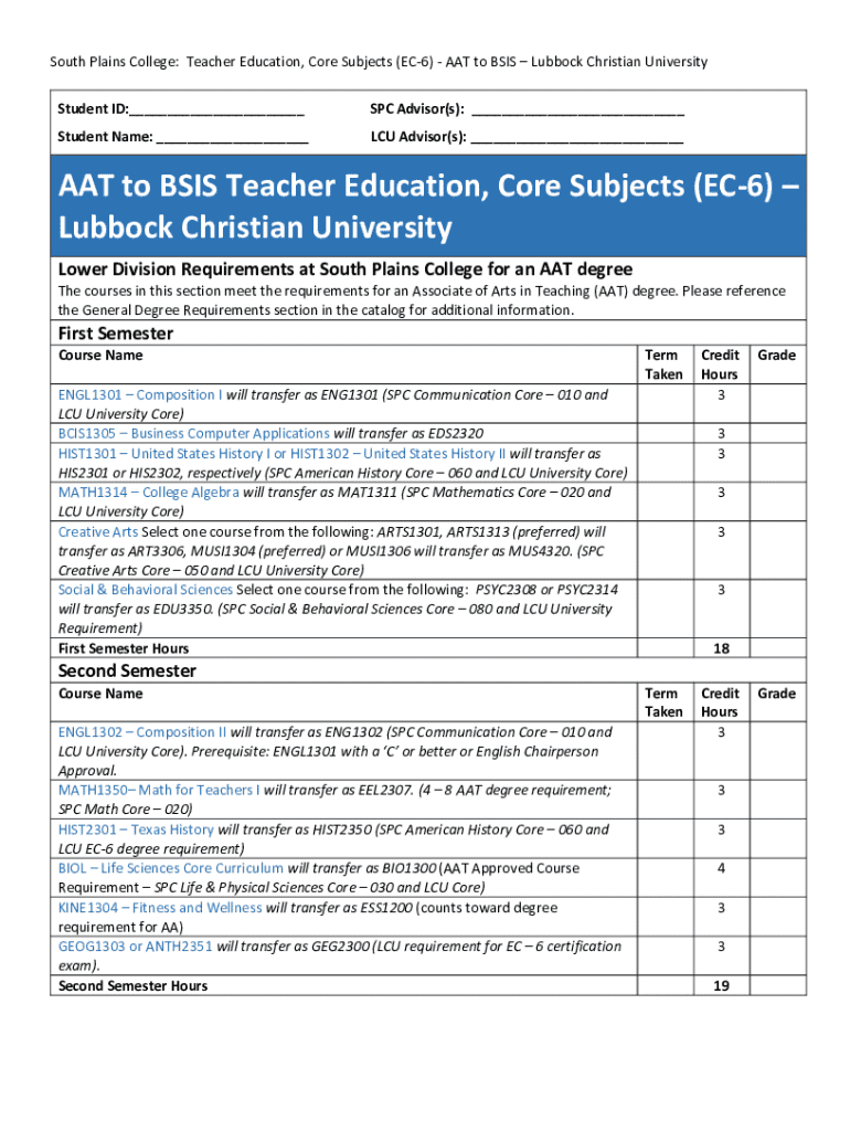 Fillable Online AAT to BSIS Teacher Education, Core Subjects (EC-6) Fax ...