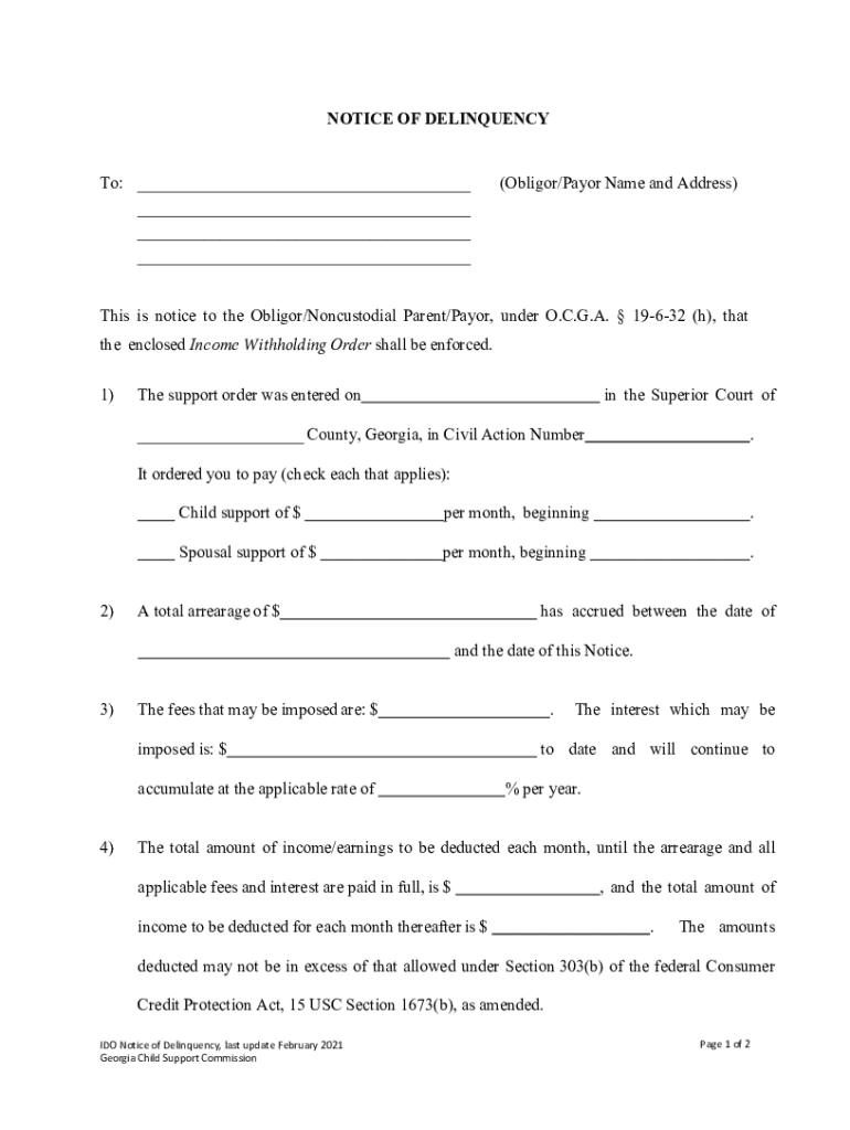 Fillable Online NOTICE OF DELINQUENCY To: (Obligor/Payor Name and ...