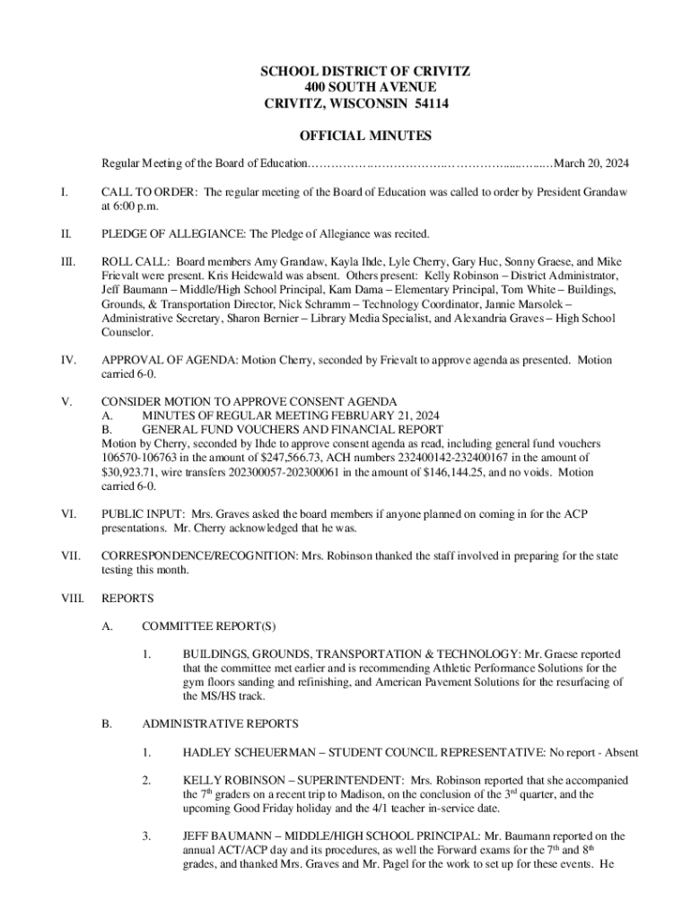 Fillable Online ROLL CALL: Board members Amy Grandaw, Kayla Ihde, Lyle ...