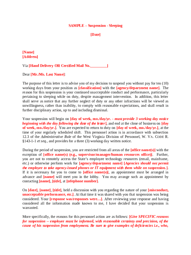 Suspension Letter Sample: Pre-built template - personnel wv Doc ...