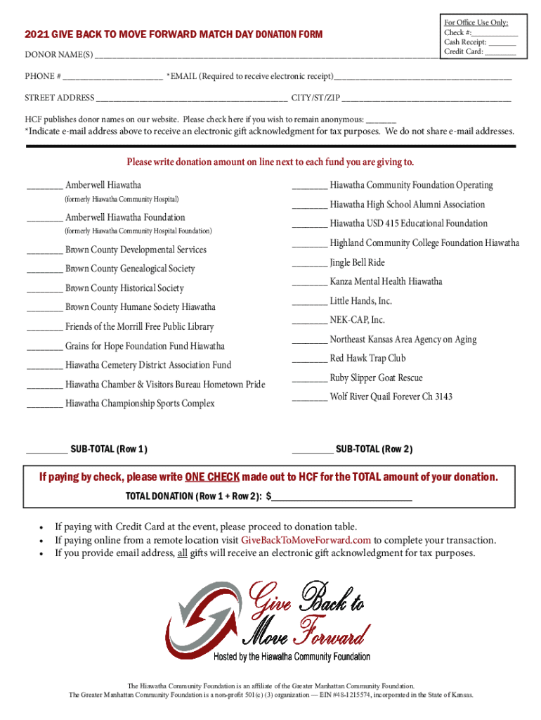 Fillable Online 2021 give back to move forward match day donation form Fax Email Print - pdfFiller
