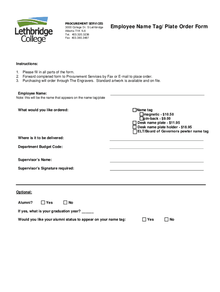 Fillable Online Employee Name Tag/Plate Order Form Fax Email Print ...