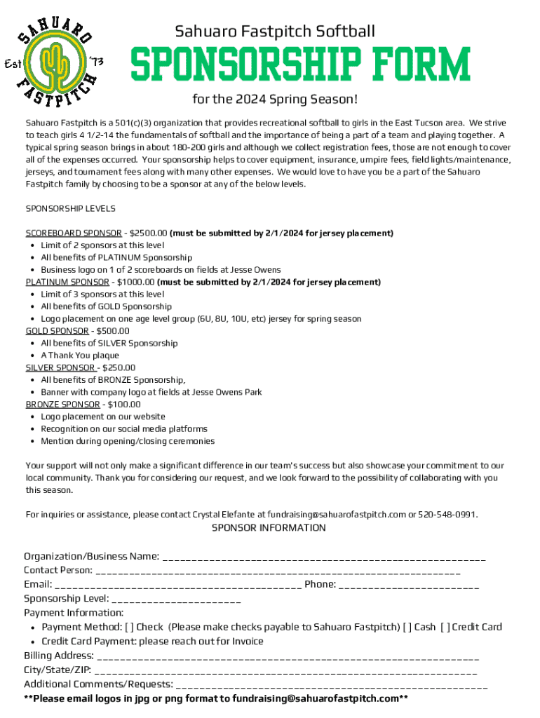 Fillable Online Copy of Team Sponsorship Level Form Template 8.5x11 Fax ...