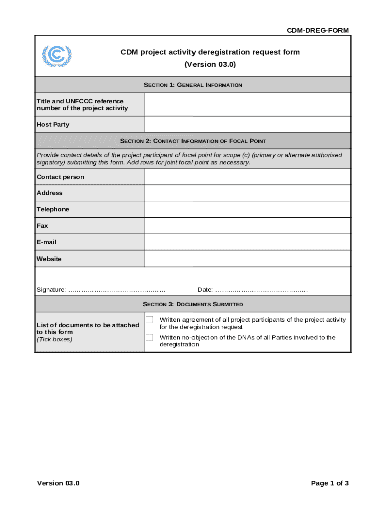 CDM project activity deregistration request (Version 03.0) - cdm unfccc Doc Template | pdfFiller