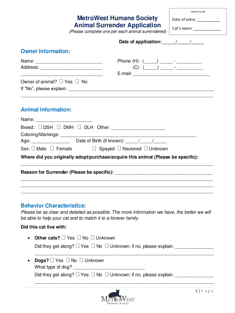 Fillable Online FELINE OWNER SURRENDER FORM Fax Email Print - pdfFiller