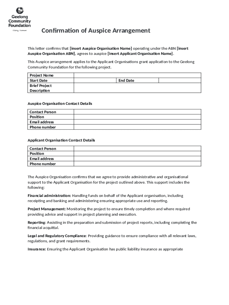 Auspice-Agreement-Letter-template. ... Doc Template | pdfFiller