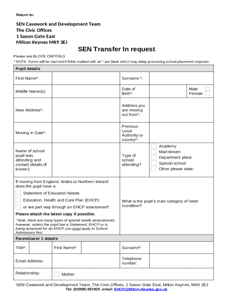 SEN Transfer In Doc Template | pdfFiller