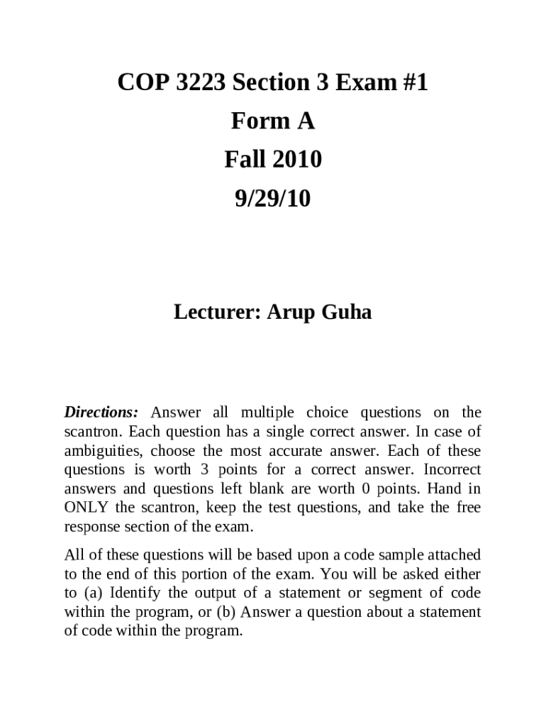 COP 3223 Exam #1 Review Section 4 Location and Time ... Doc Template | pdfFiller