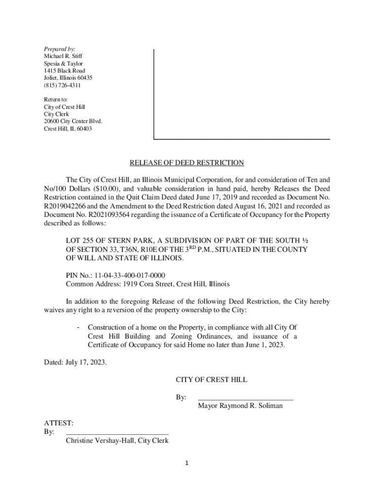 Fillable Online RELEASE OF DEED RESTRICTION The City of Crest Hill, an ...