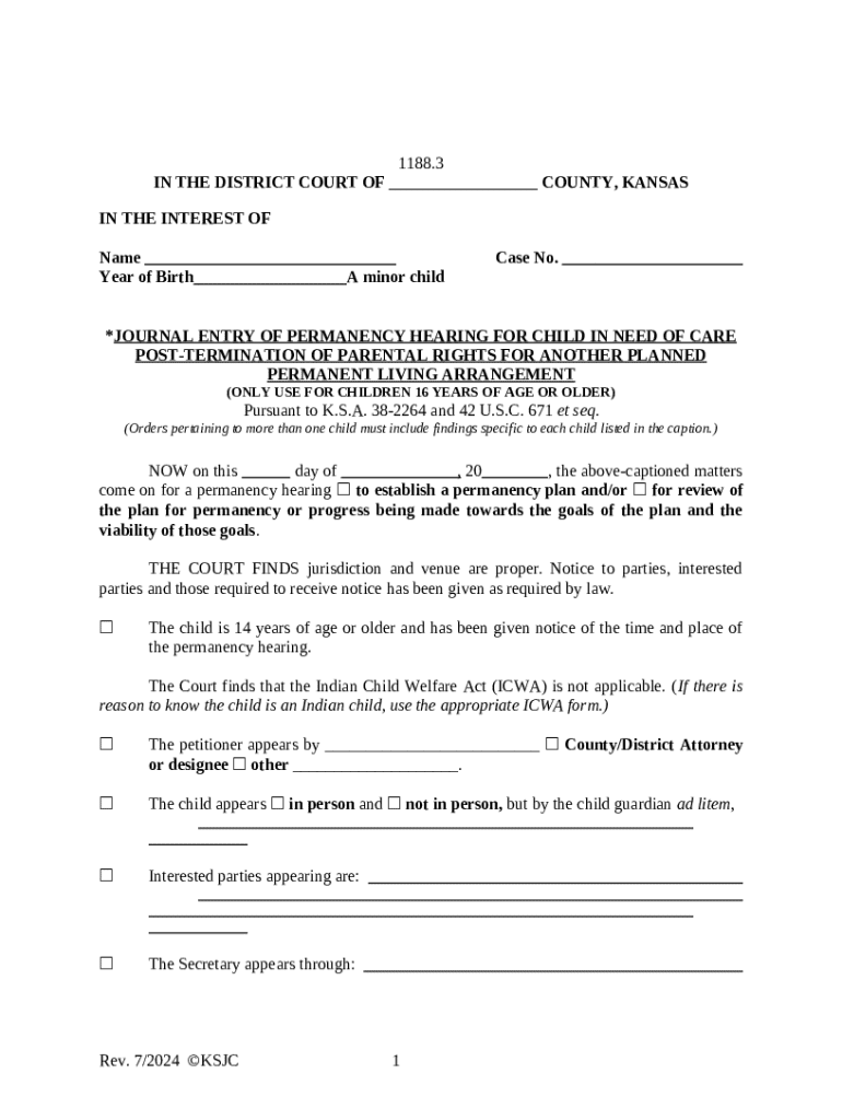 *188.3 Journal Entry of Permanency Hearing for Child in ... Doc Template | pdfFiller