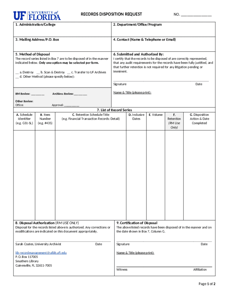 Certificate of Records Disposal Requests Doc Template | pdfFiller