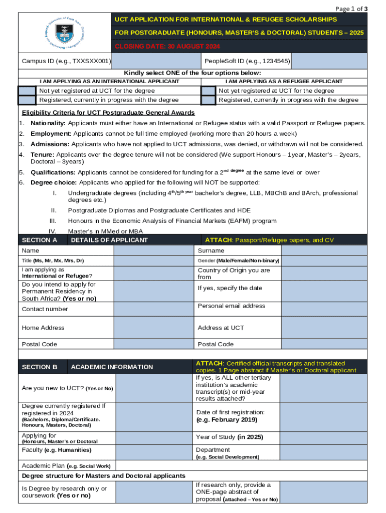 UCT International and Refugee Scholarship, Application ... - uct ac Doc Template | pdfFiller