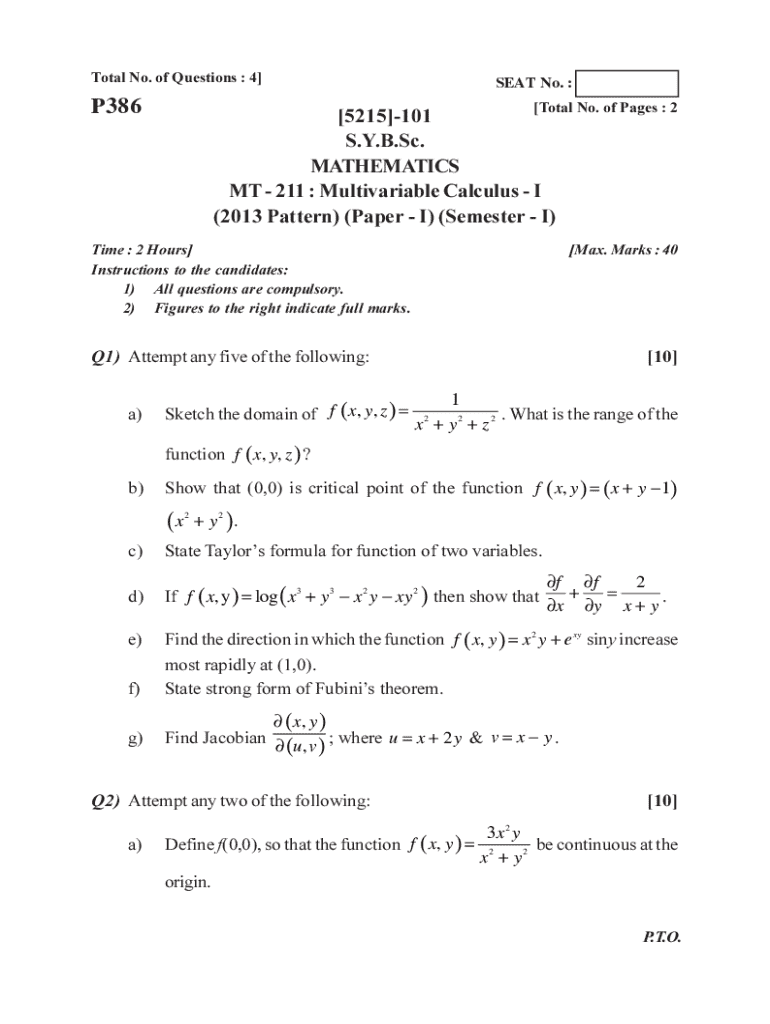 Fillable Online MT - 211 : Multivariable Calculus - I Fax Email Print - pdfFiller