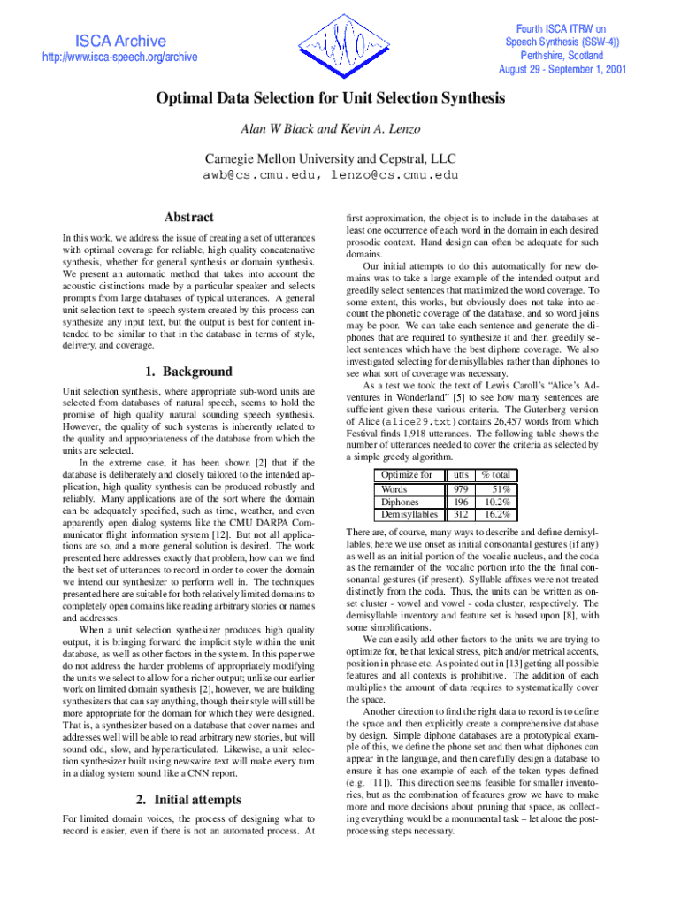 Fillable Online Optimal Data Selection for Unit Selection Synthesis Fax ...